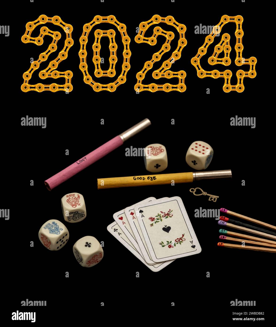 Gambling concept with cards, cigarettes with a message, poker dice ...