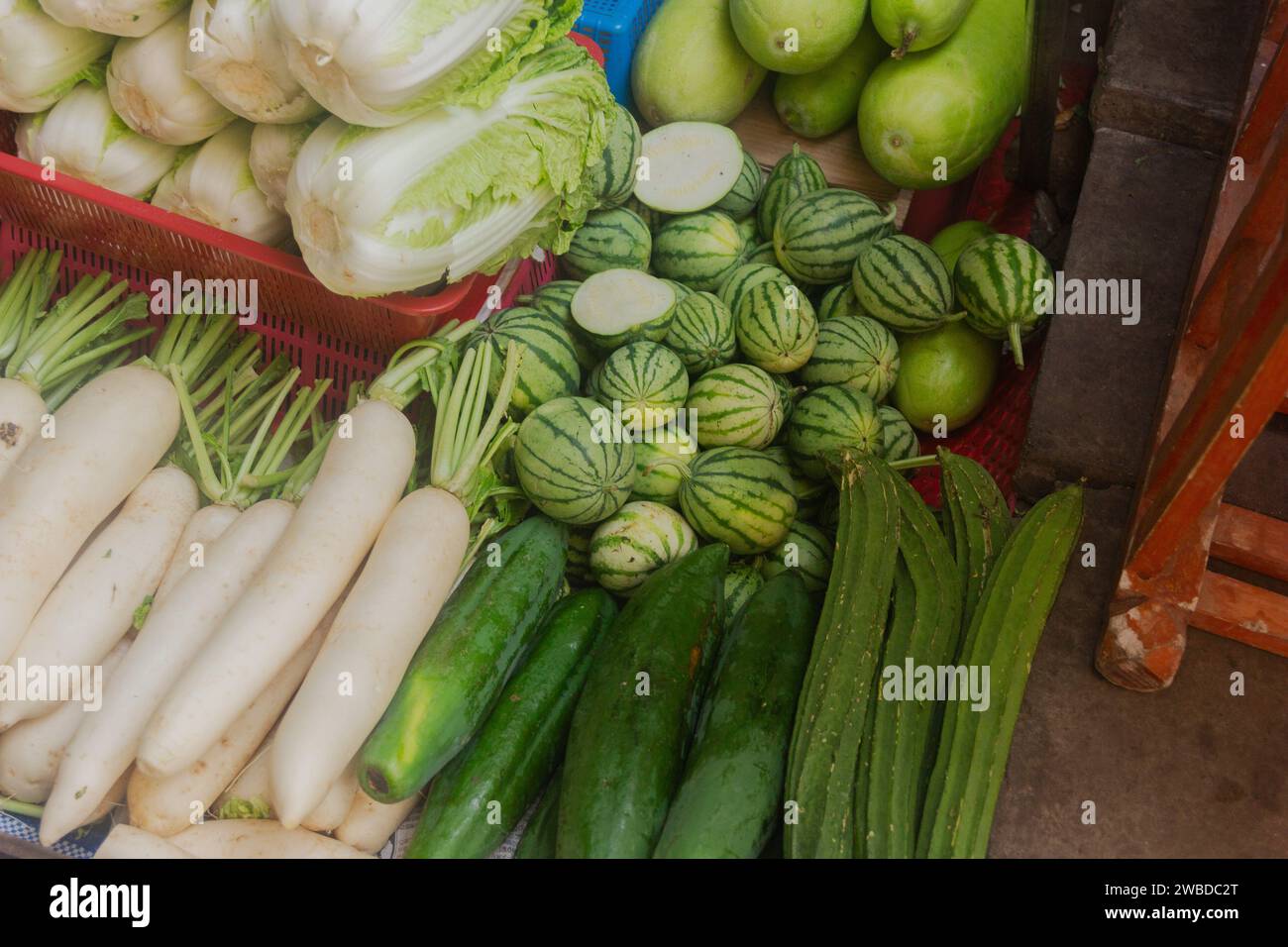 Fresh vegetables on a stall in Mae Klong Railway Market, a local market ...