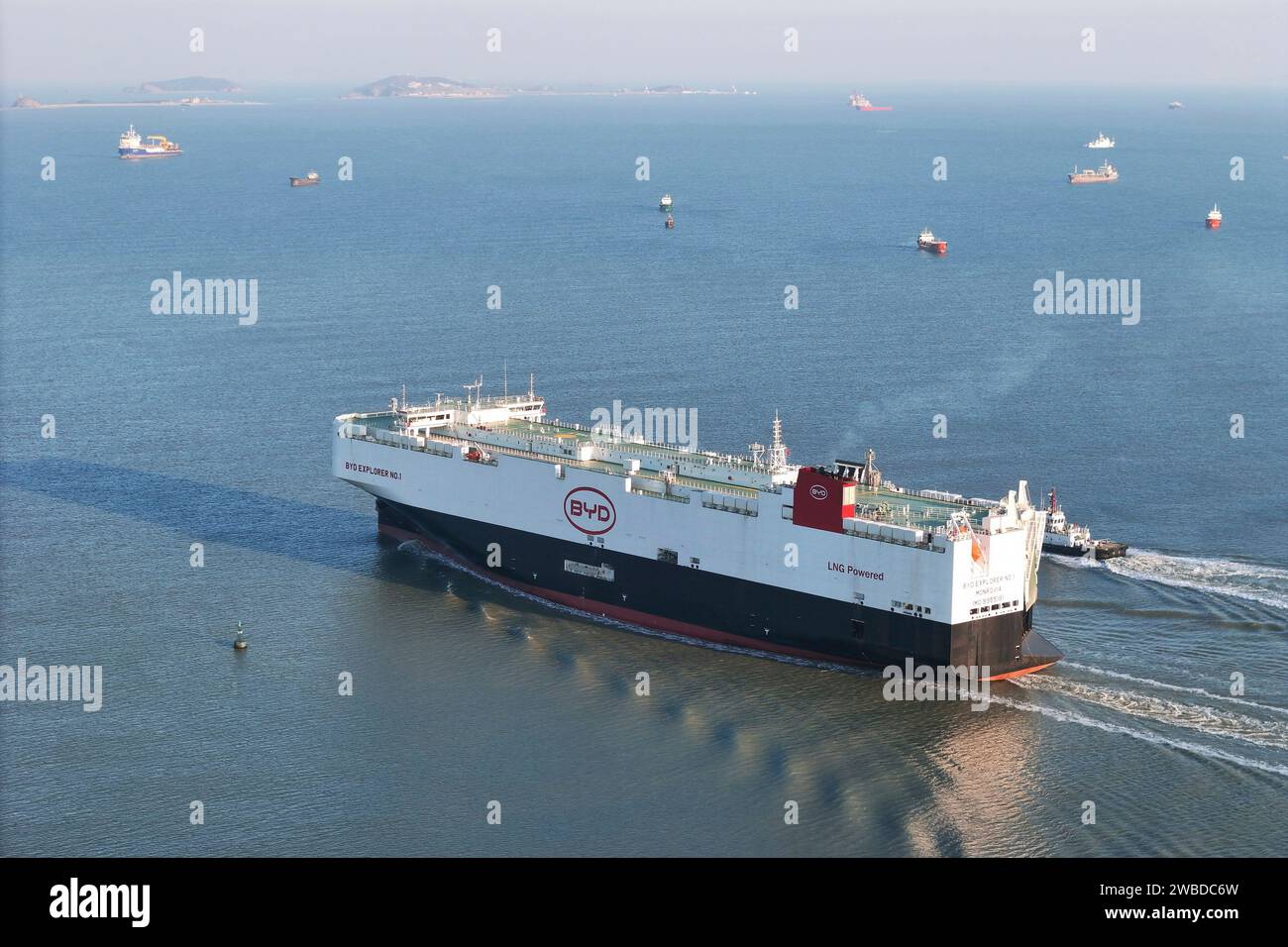 A newly completed ro-ro ship named BYD Explorer No.1 sails off in her ...