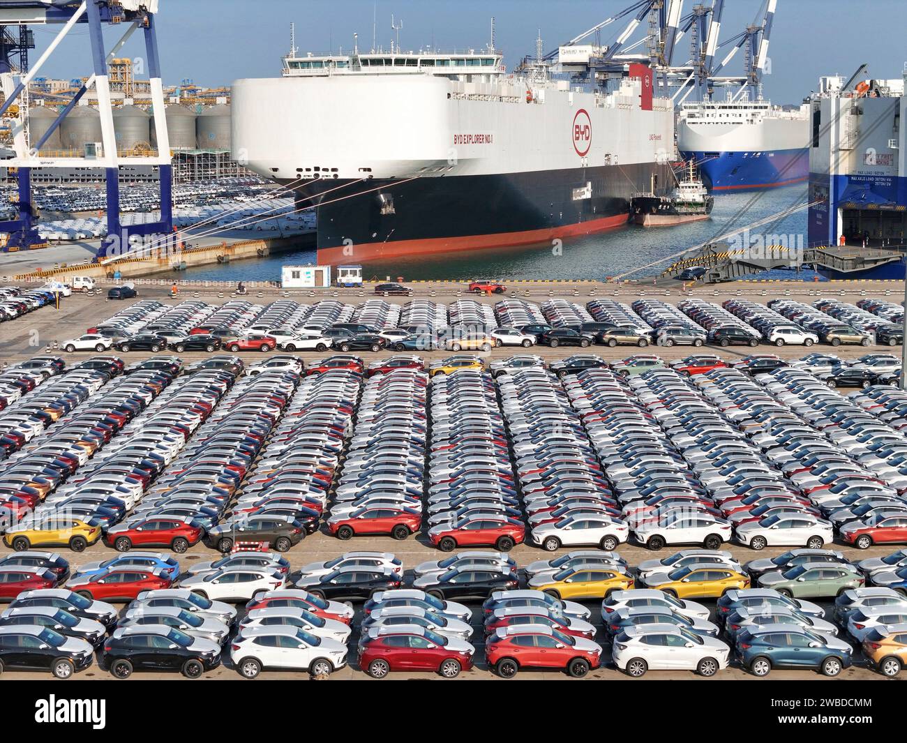 New BYD cars wait to be loaded onto a newly completed ro-ro ship named ...
