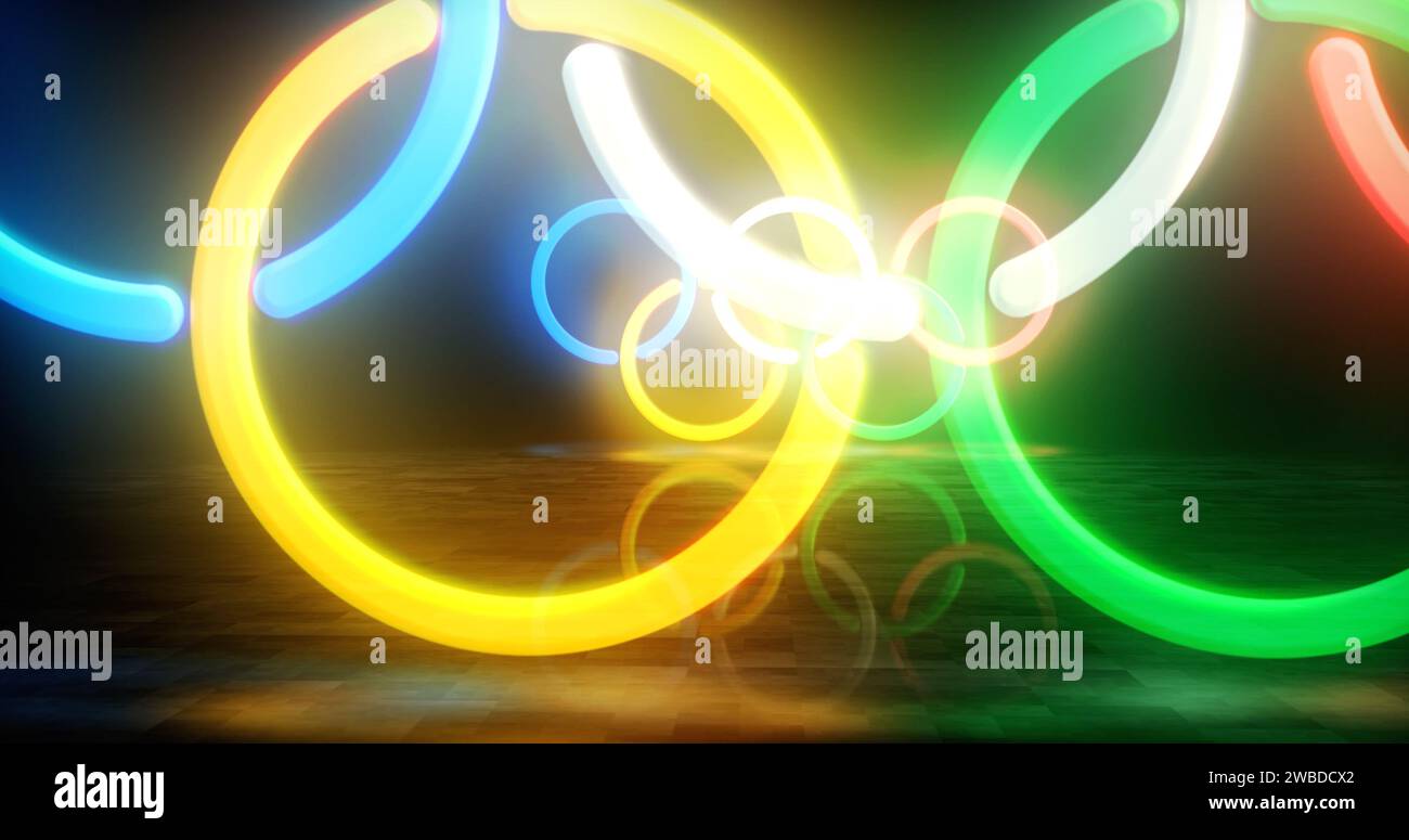 Poznan, Poland, January 7, 2024: Olympic rings neon symbol ...