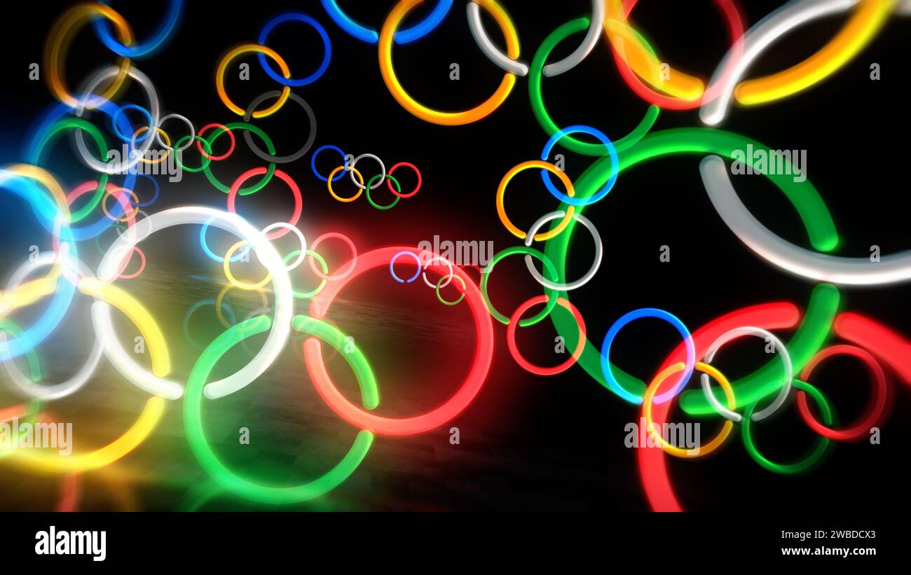 Poznan, Poland, January 7, 2024: Olympic rings neon symbol ...
