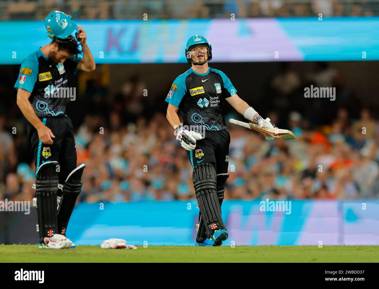 Brisbane, Australia. 10th Jan 2024. Sam Billings bowled out for 37 by Jhye Richardson during the ...