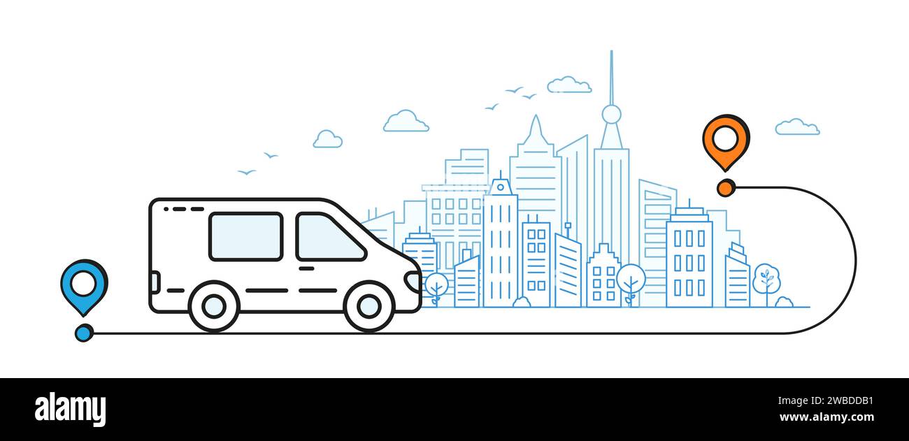 Bus and map icon. Delivery way to city. Blue and white. through forest ...