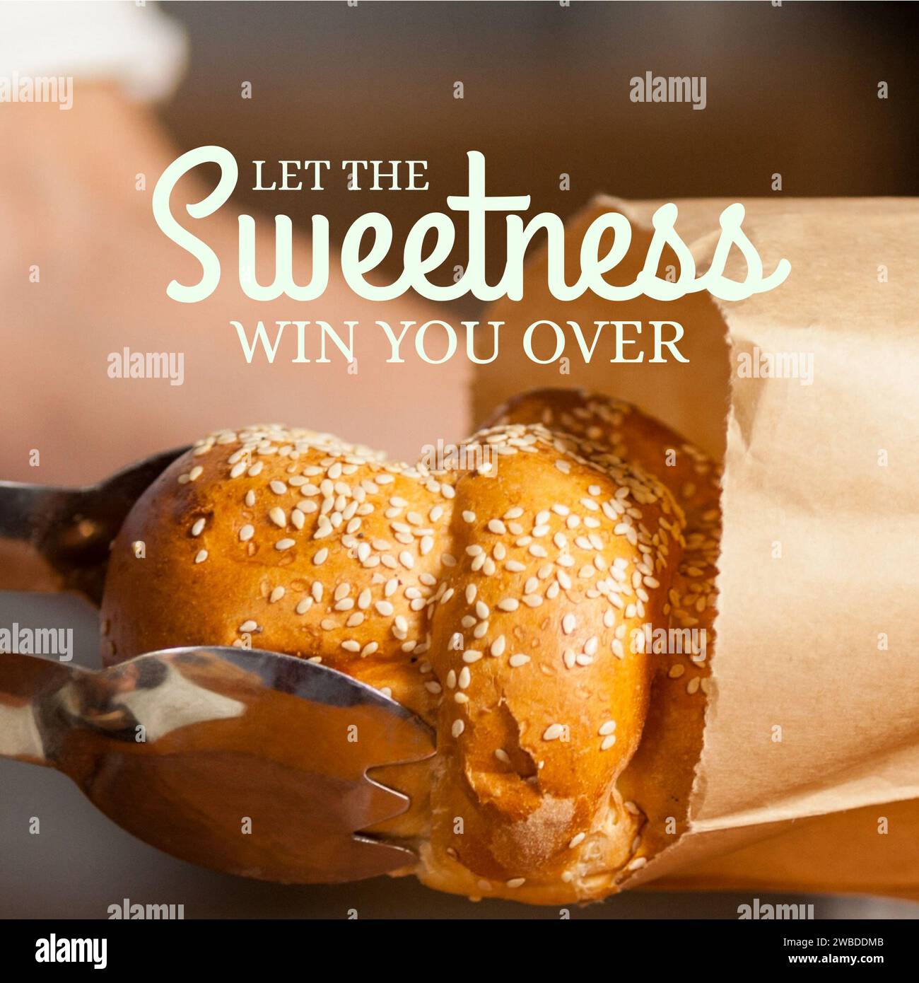 Composite of let the sweetness win you over text and pastry on bright ...