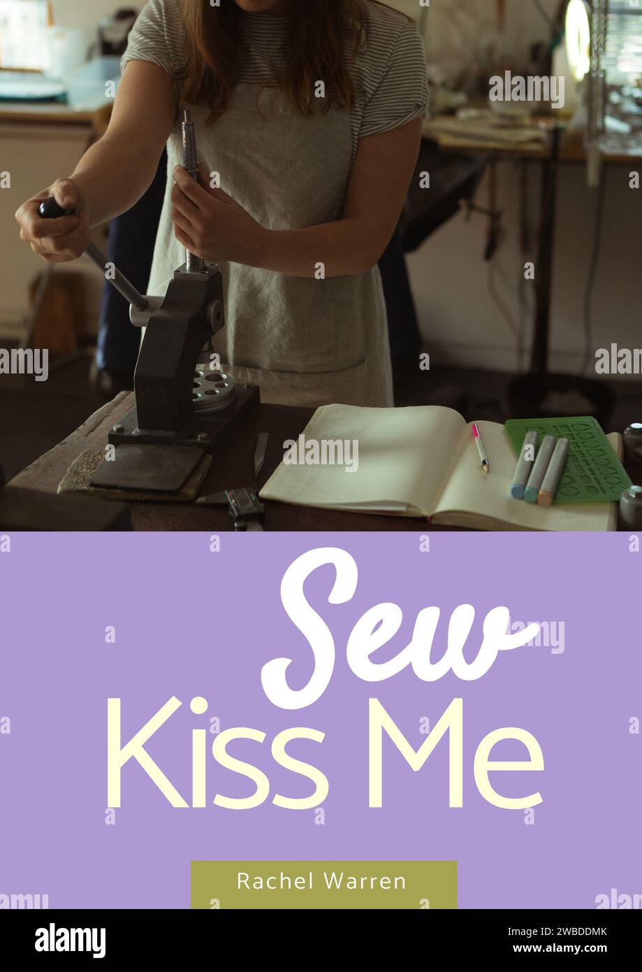Composite of sew kiss me rachel warren text over caucasian woman using ...