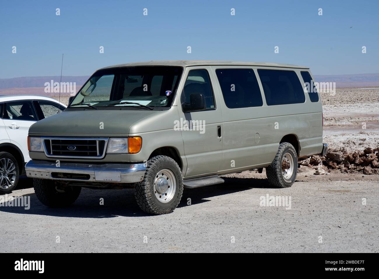 Vintage Grey American Ford Minibus by the salt lake. Los Flamencos ...