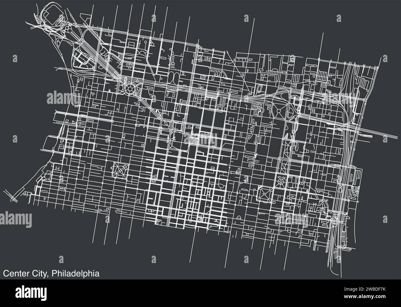 Street roads map of the CENTER CITY neighborhood, PHILADELPHIA Stock ...