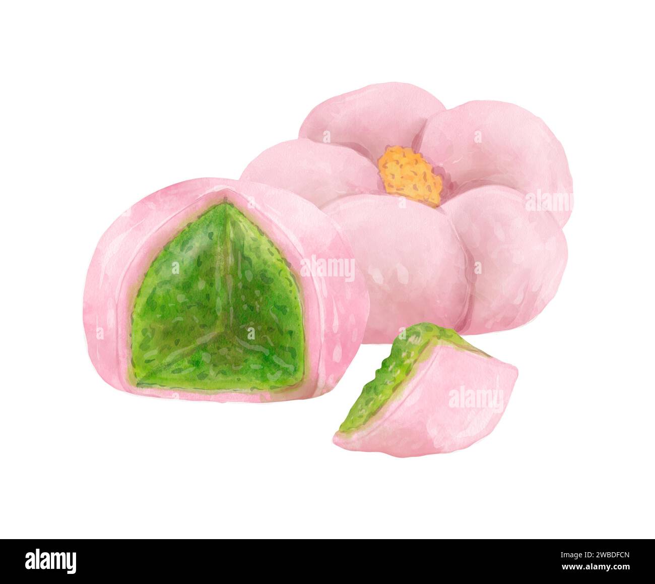 Traditional Japanese dessert pink flower made from rice flour. Hand ...