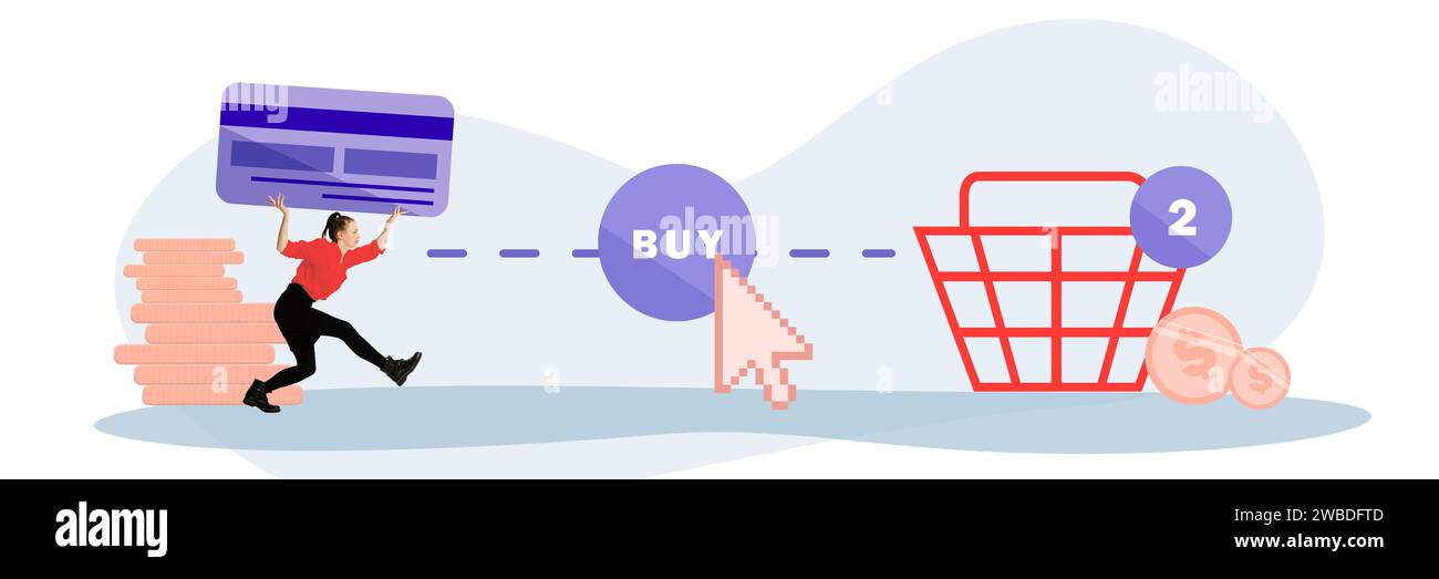 Banner. Contemporary art collage. Young woman carrying huge credit card ...