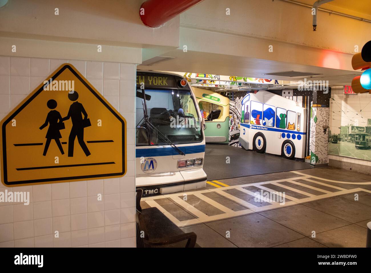A yellow sign at the subway station in the New York Transit Museum ...