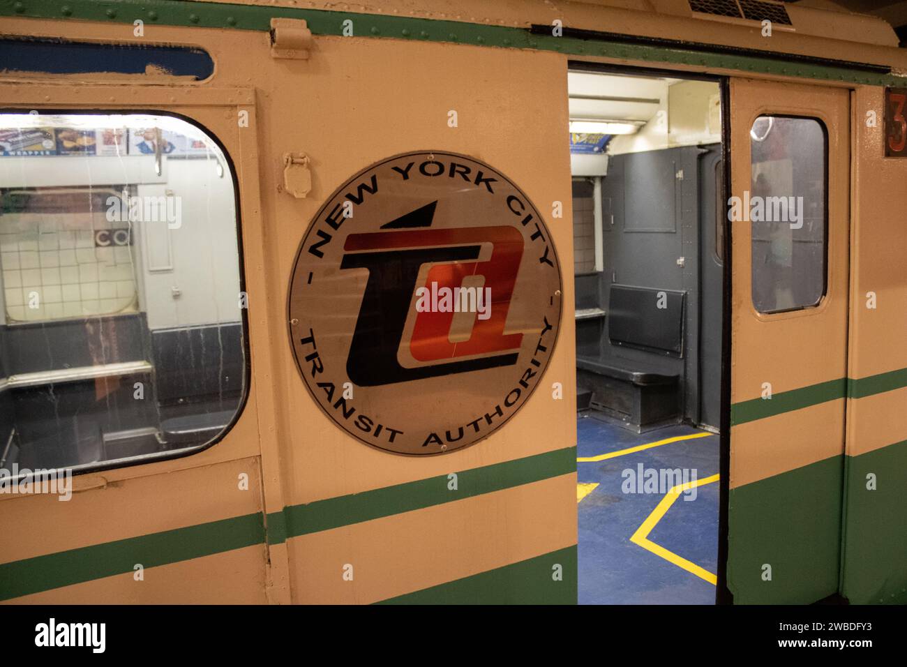 A sign on the train at the subway station in the New York Transit ...