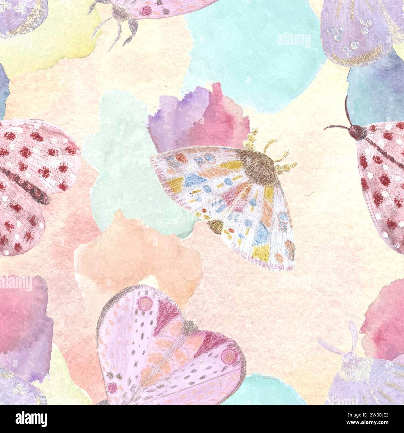 Hand painted watercolor peach fuzz stain delicate moth seamless pattern ...