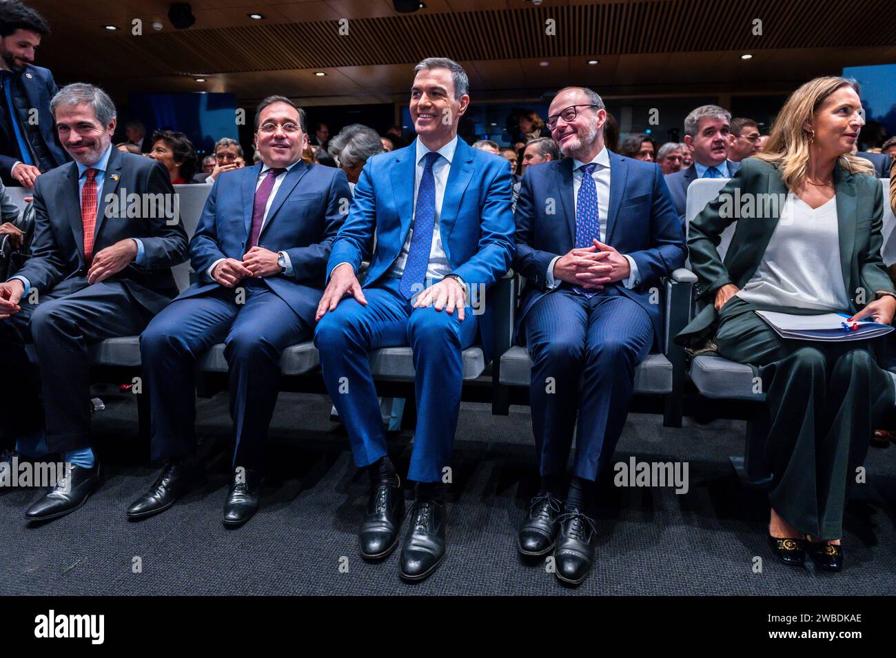 The Spanish prime minister Pedro Sanchez (C) seen sitting between Jose ...