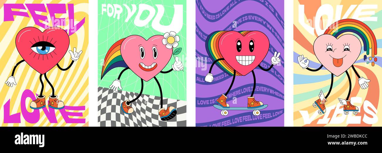 Happy Valentines Day greeting card. Groovy art typography poster. Retro ...