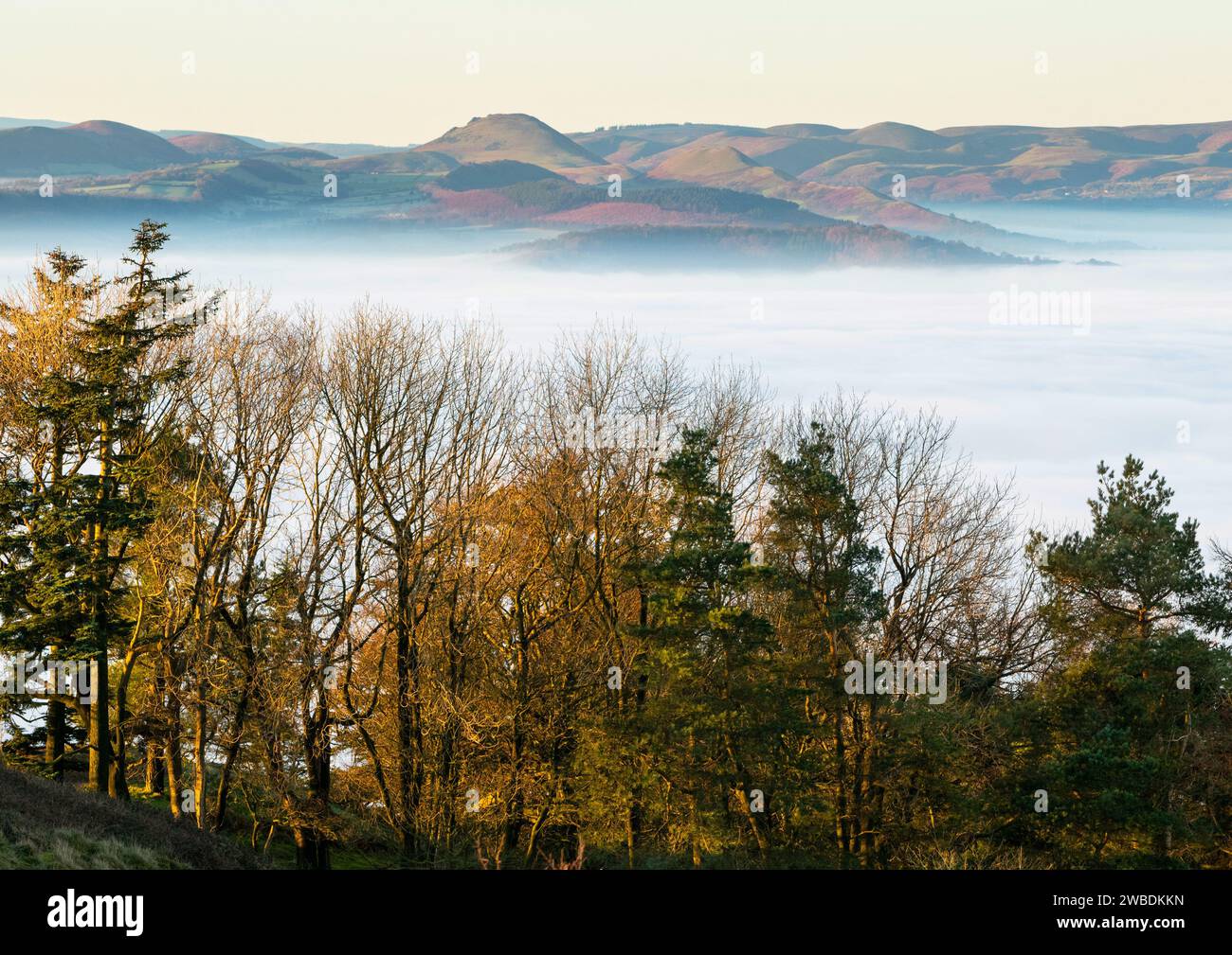 The Stretton Hills above an inversion, seen from the Wrekin, Shropshire ...