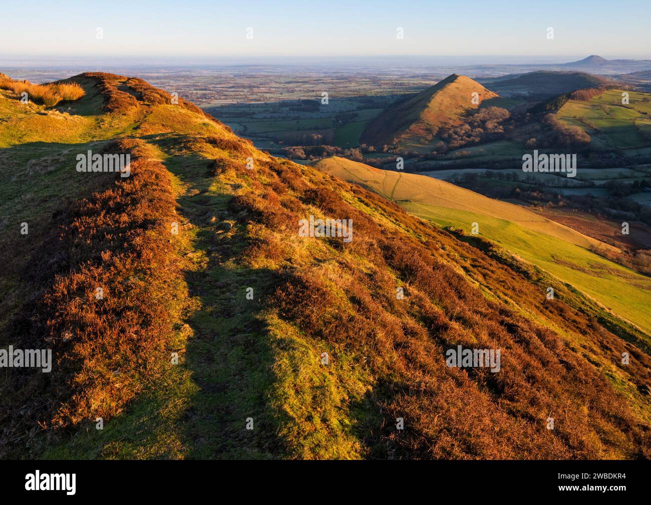 The view north along a rampart of the hill fort on Caer Caradoc near ...