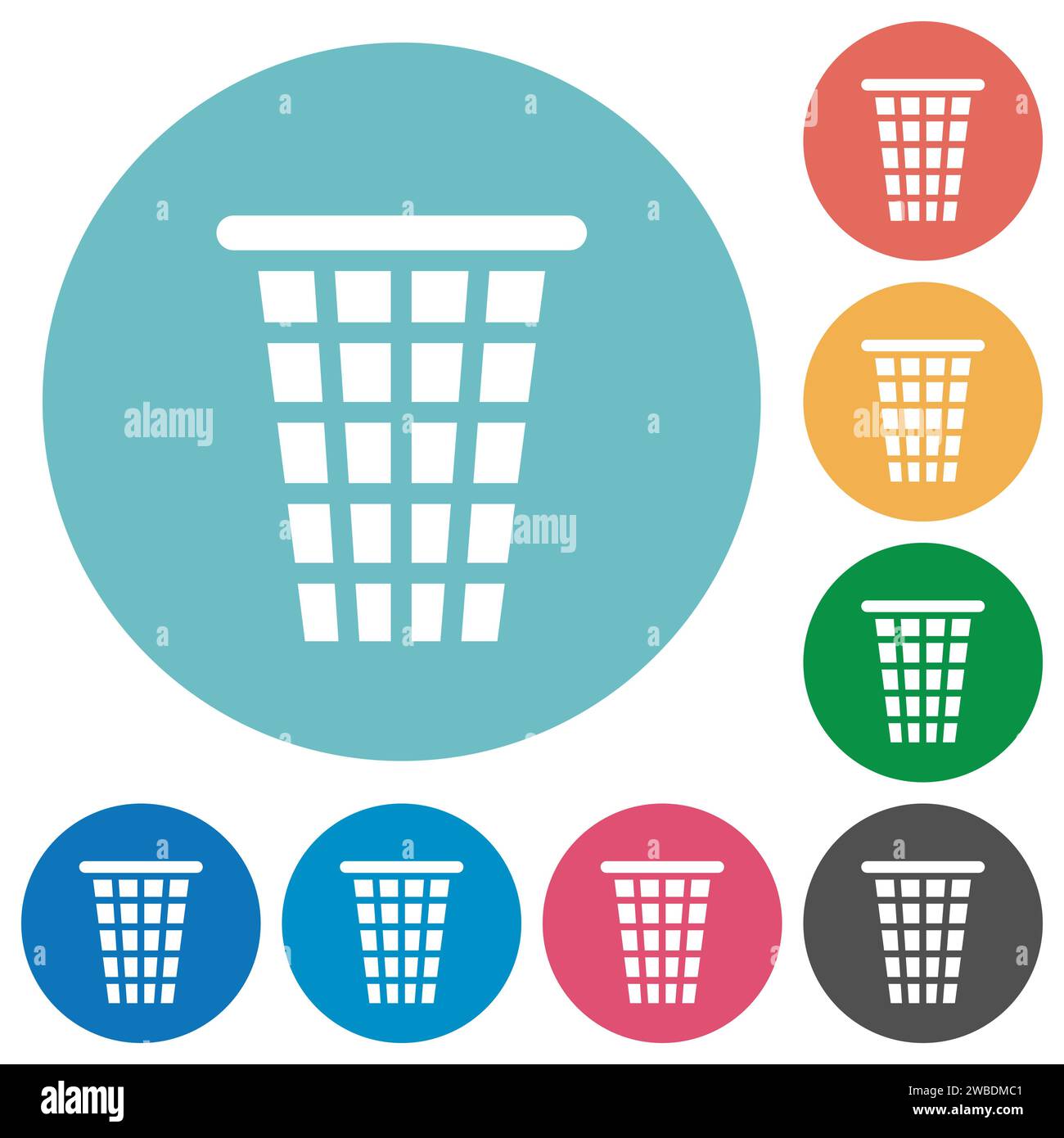 Single empty tall trash solid flat white icons on round color ...