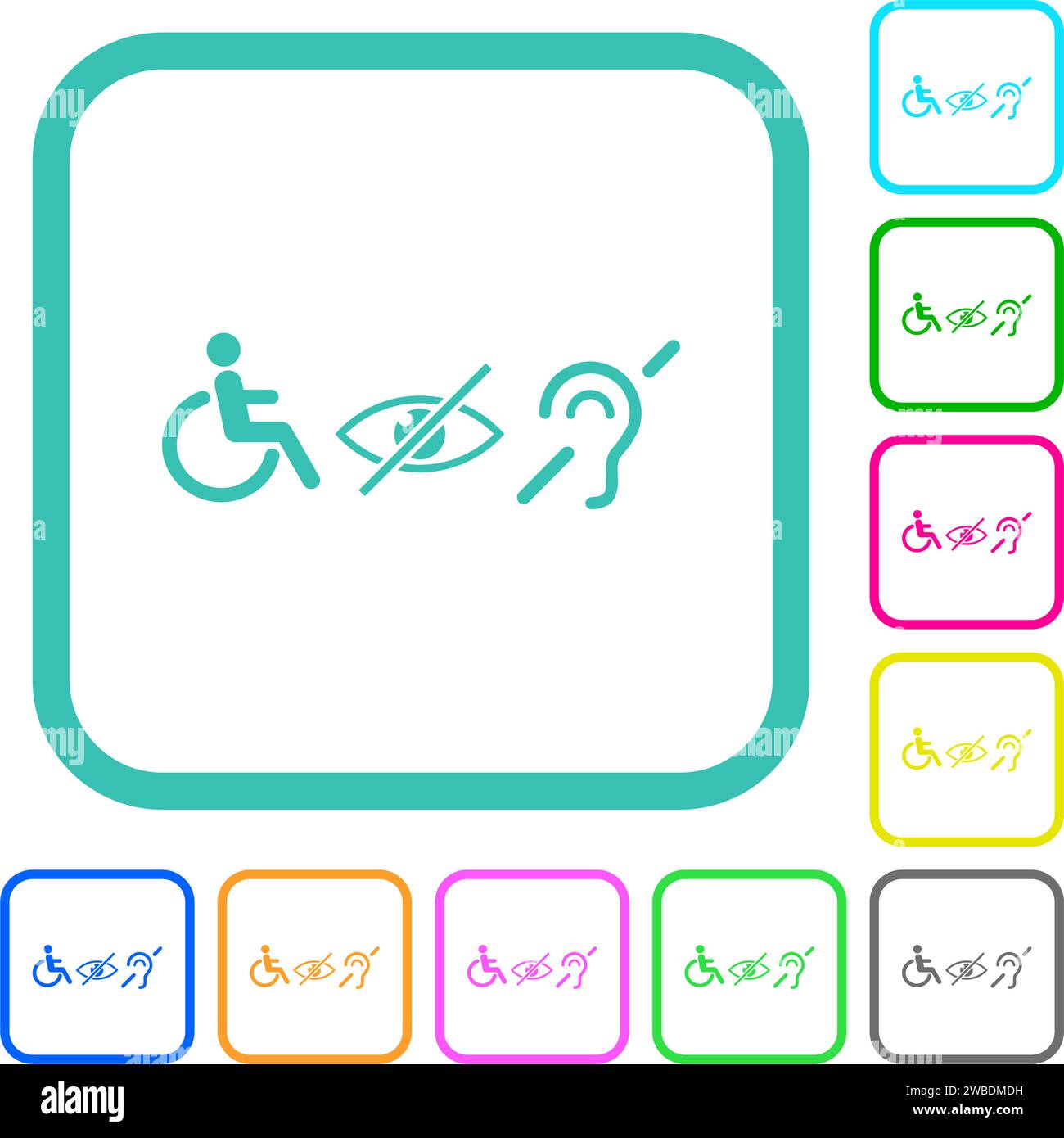 Disability symbols vivid colored flat icons in curved borders on white ...