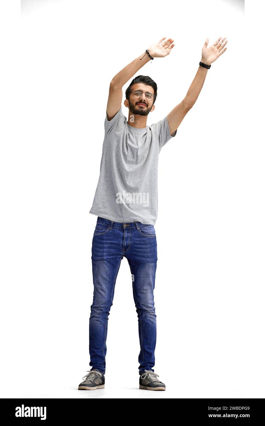 A man, on a white background, in full height, waving his arms Stock ...