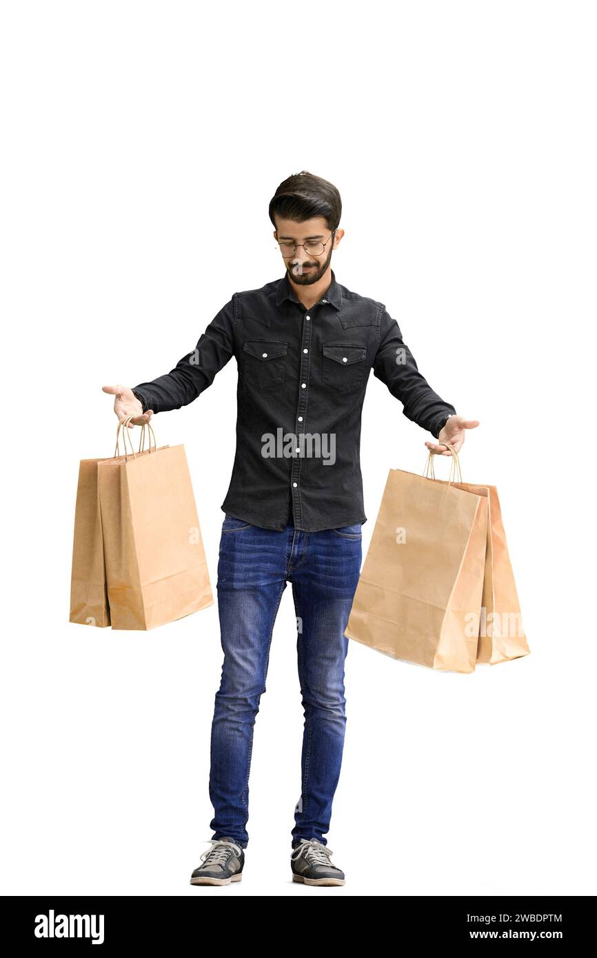 Man, on a white background, full-length, with bags Stock Photo - Alamy