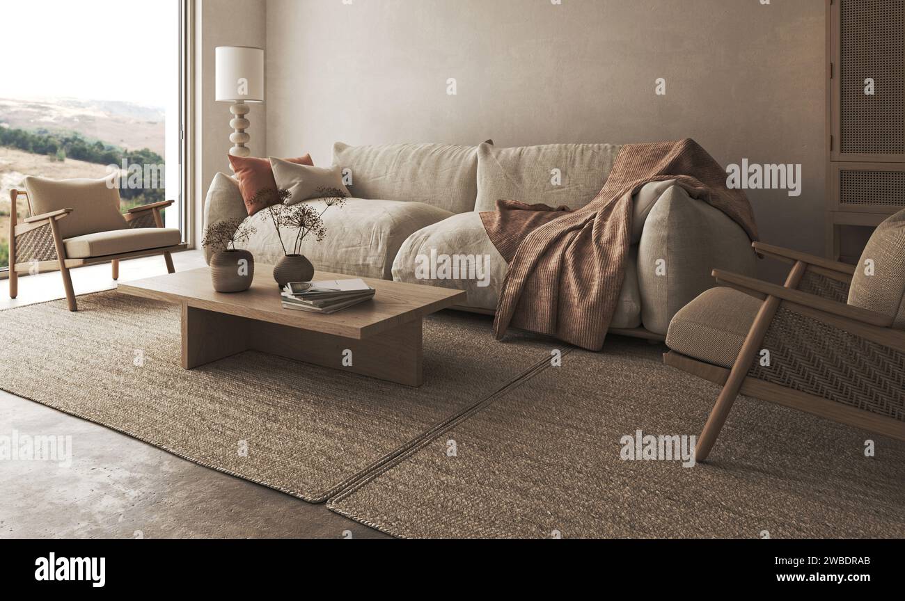 Relaxing living room setup with comfortable linen sofas, wooden coffee ...