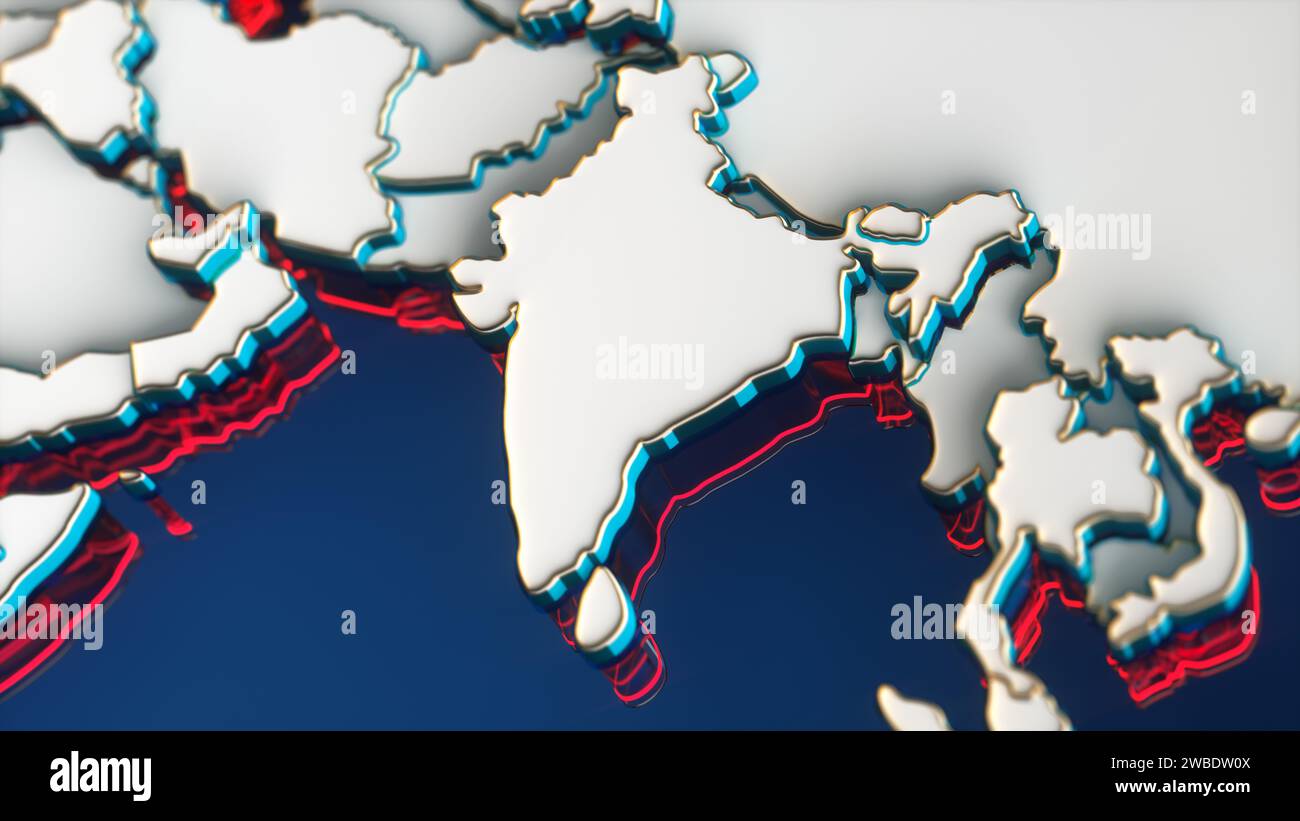 White World Map with India Continent, Gold Borders and Red Outline on ...