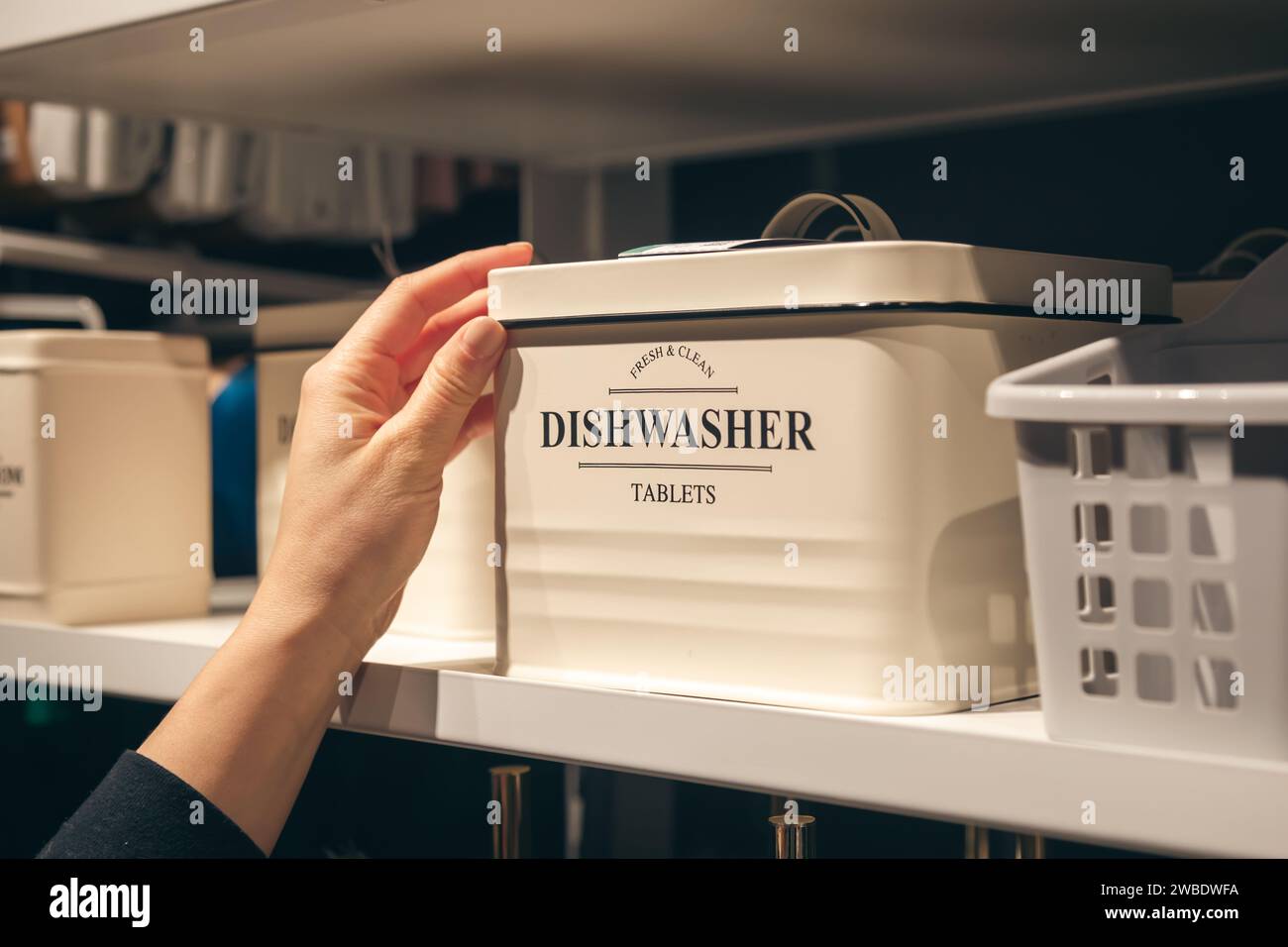 Boxes labeled Dishwasher tablets in a home supplies store Stock Photo ...