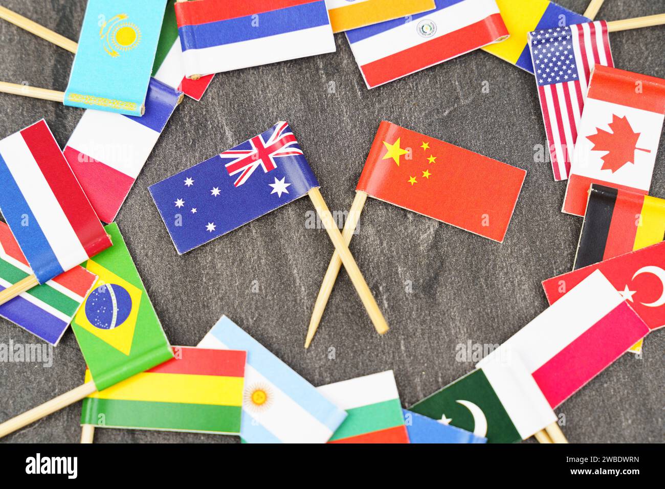 Policy. National flags of different countries. The concept is diplomacy ...