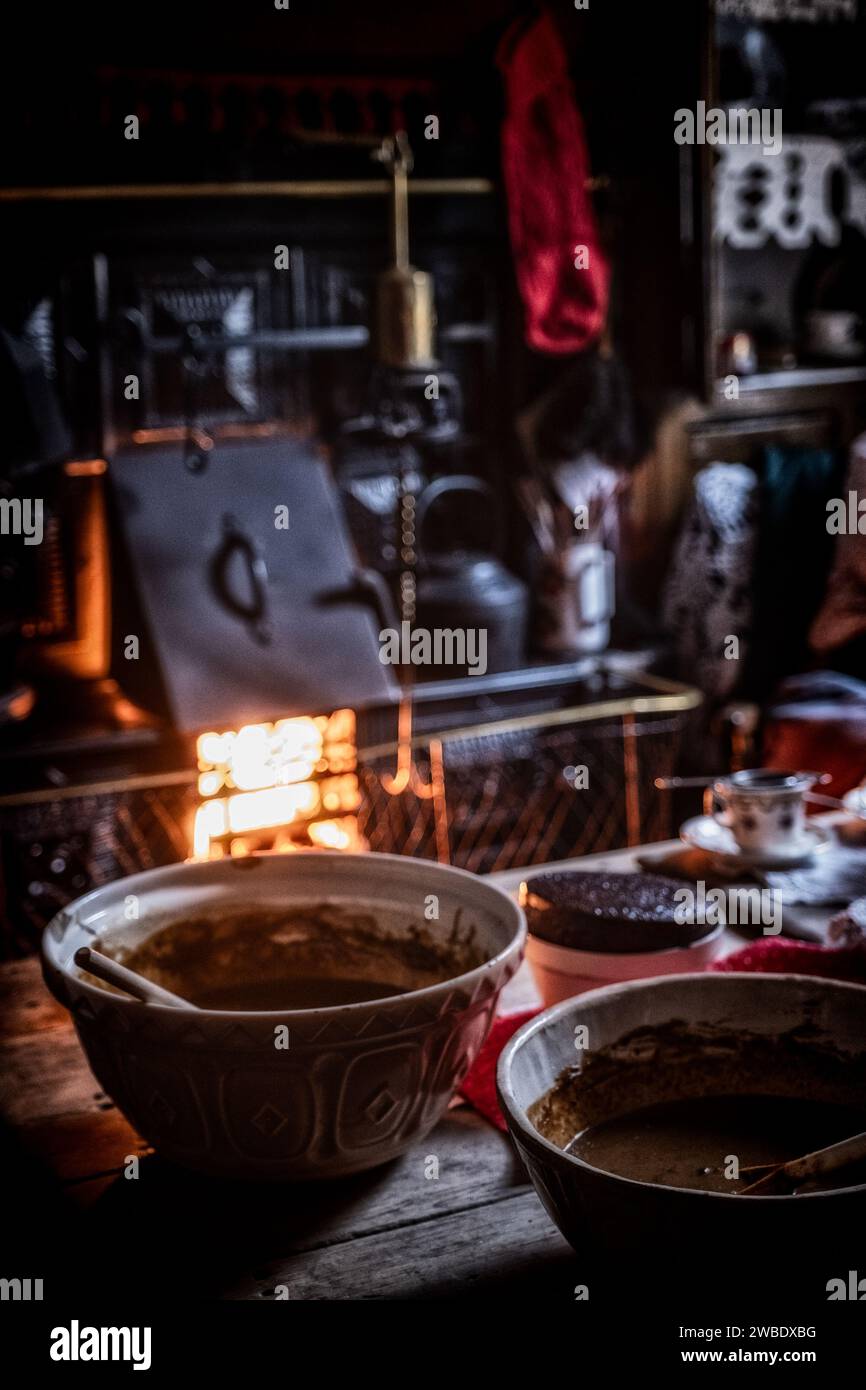 Vintage mixing bowls in a cosy English historic kitchen set in ...