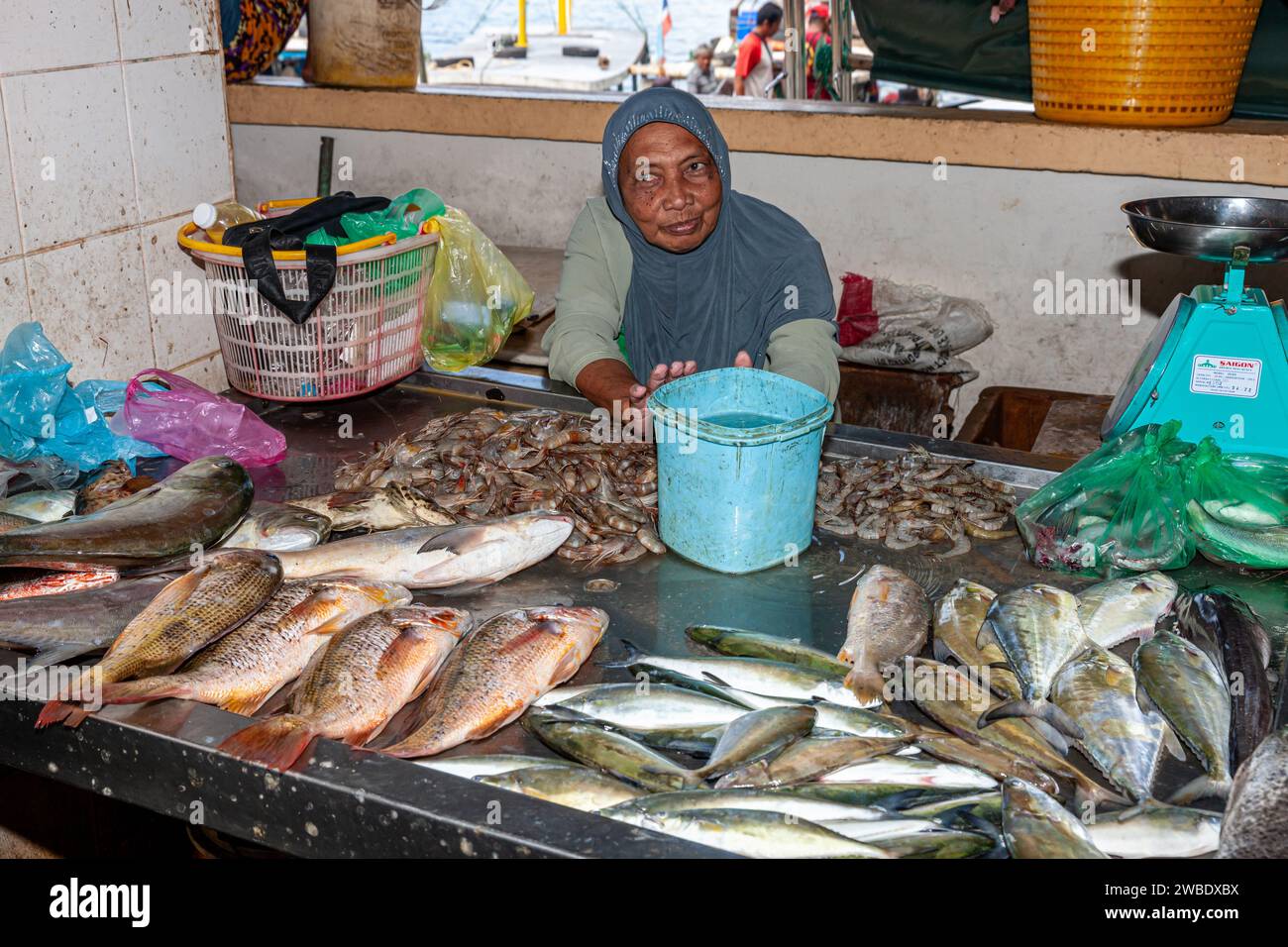 Malaysia, Sabah, Sandakan, Old woman selling fish Stock Photo - Alamy