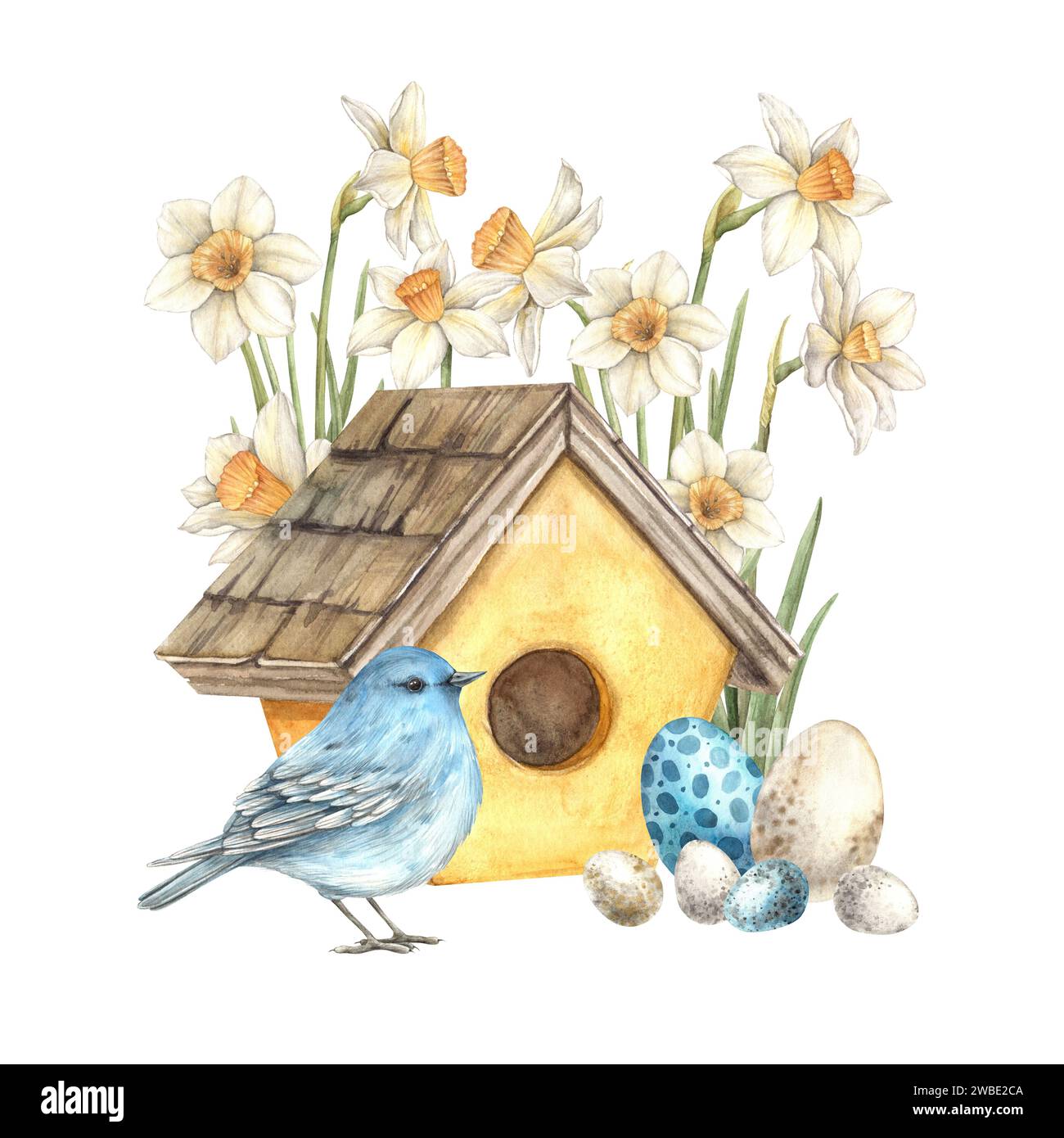 Watercolor Easter illustration with blue bird, yellow house, Easter ...