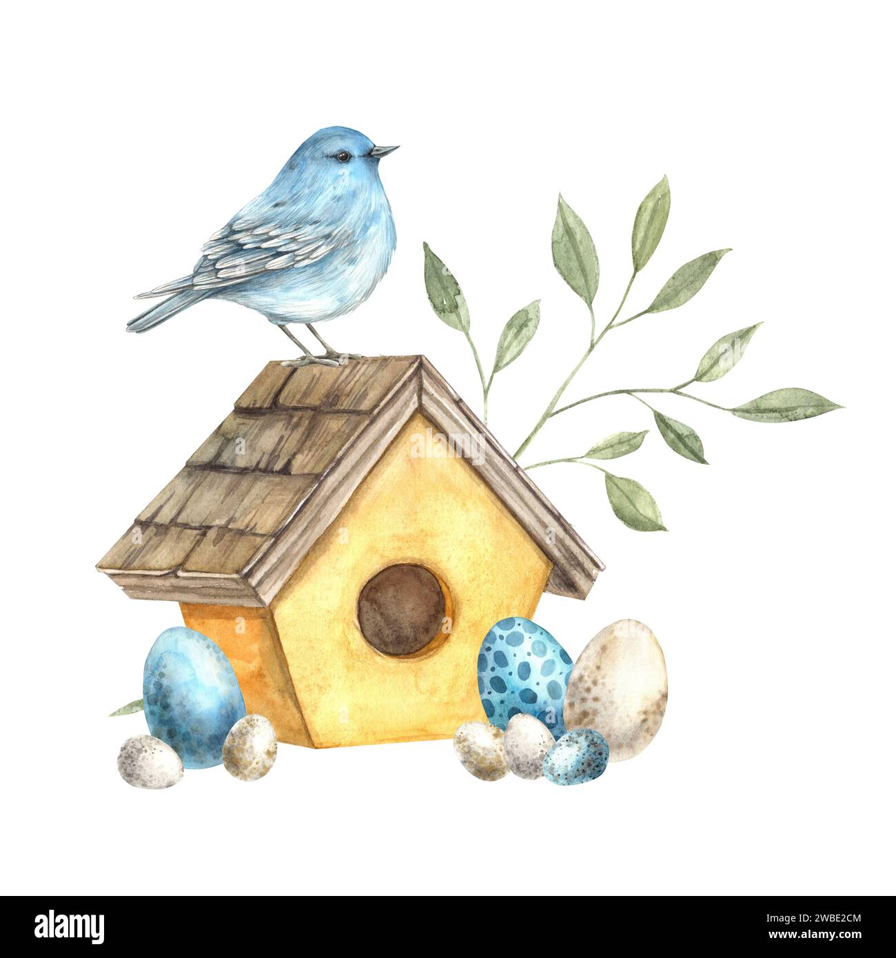 Watercolor Easter illustration with blue bird, yellow house, Easter ...