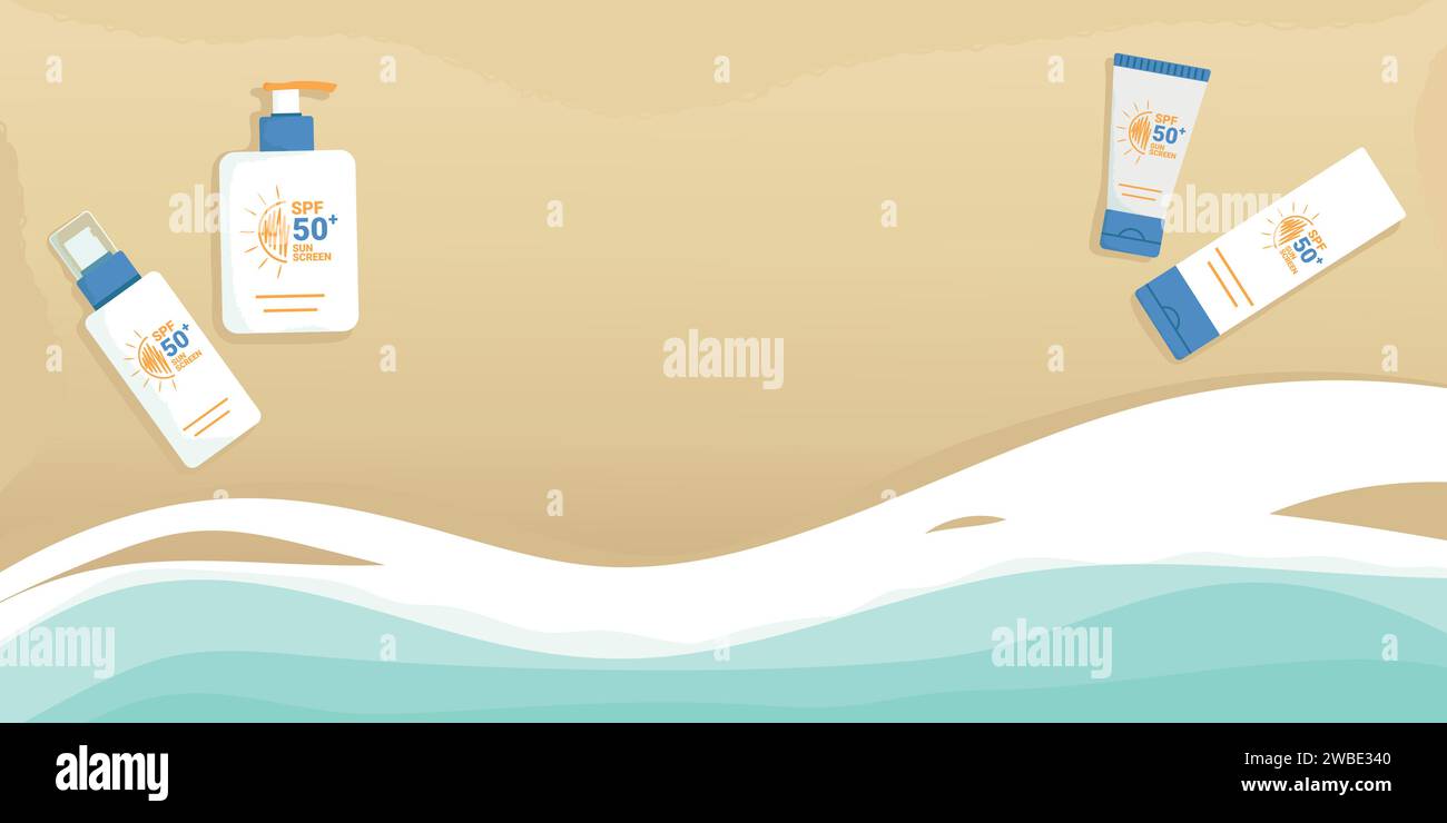 Sunblock sunscreen products summer beach banner. SPF summer skincare ...
