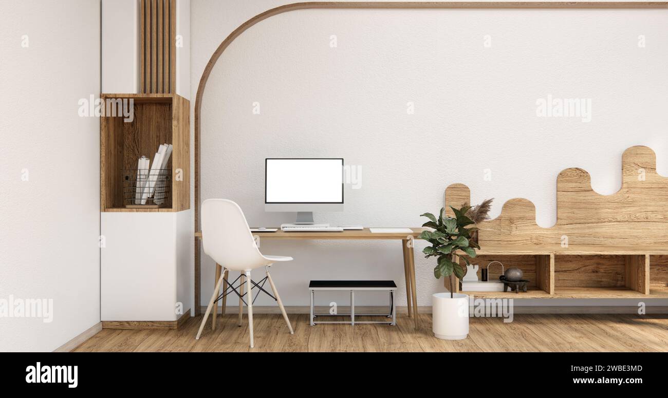 The interior Computer and office tools on desk room interior design ...