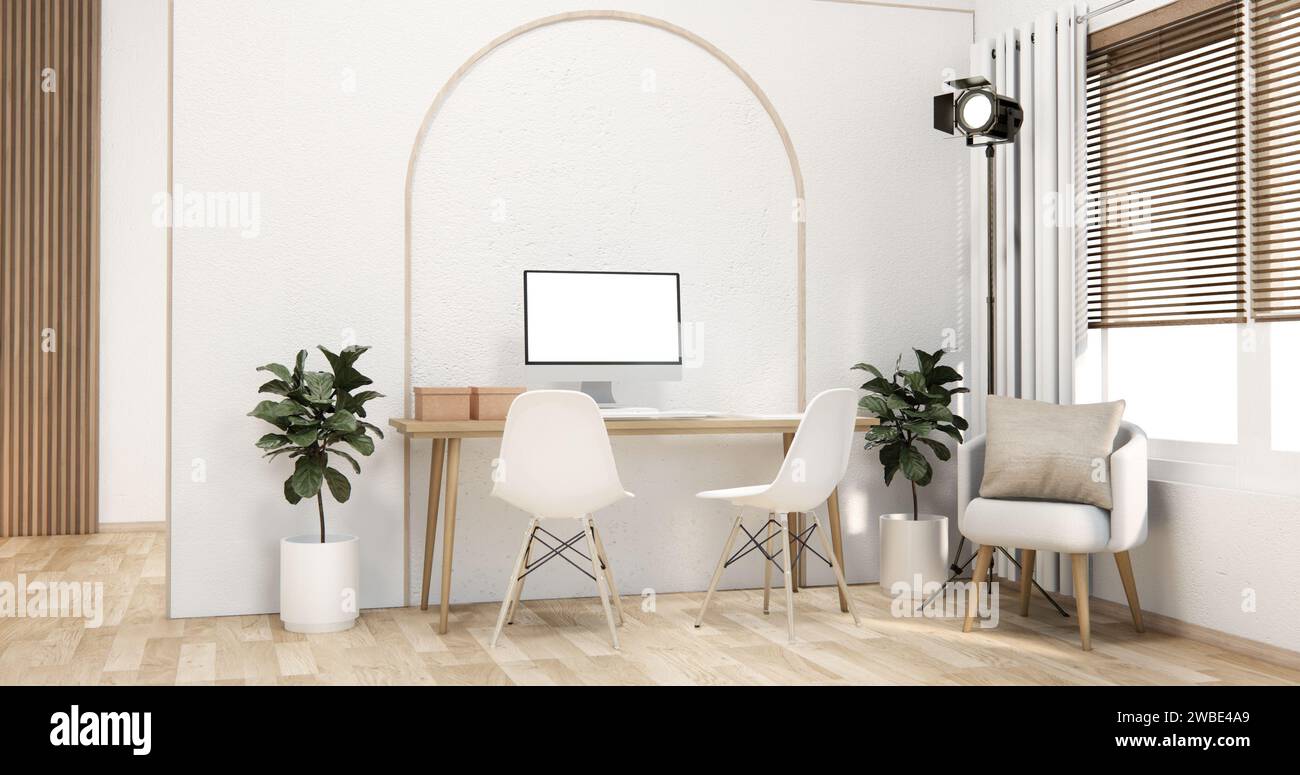 Computer and office tools on desk room interior design Stock Photo - Alamy