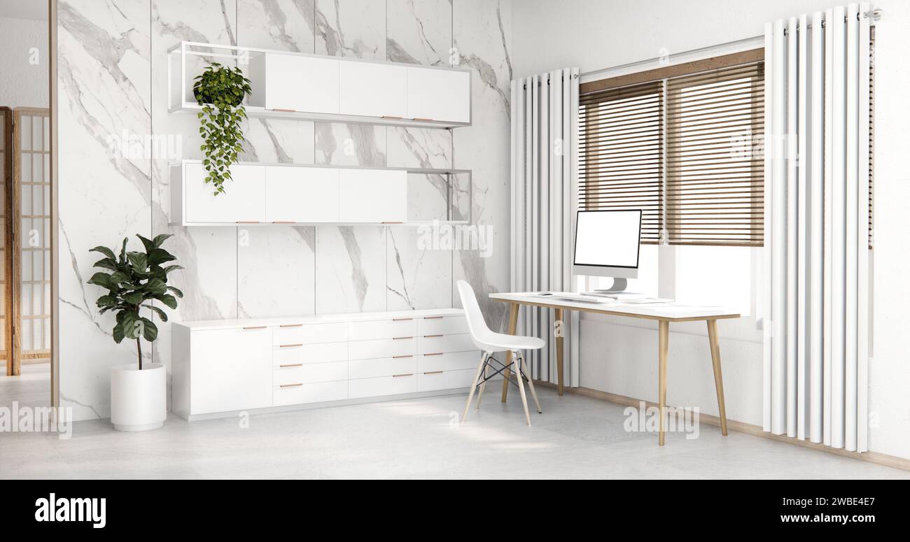 Computer and office tools on desk room interior design Stock Photo - Alamy