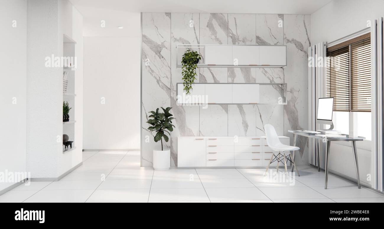 Computer and office tools on desk room interior design Stock Photo - Alamy