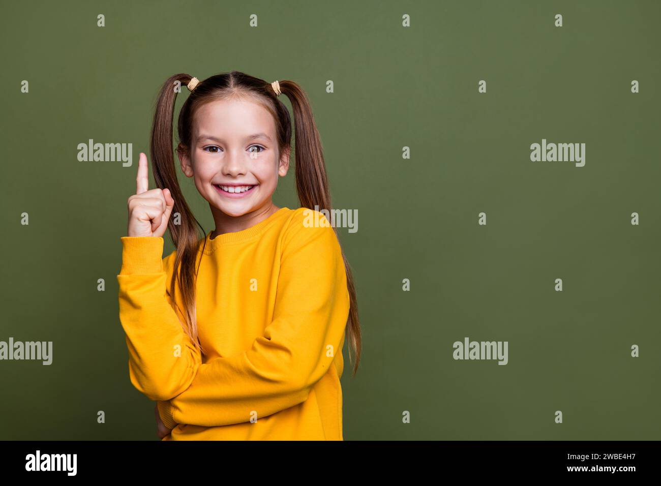 Portrait of smart clever small kid with tails dressed yellow sweatshirt ...