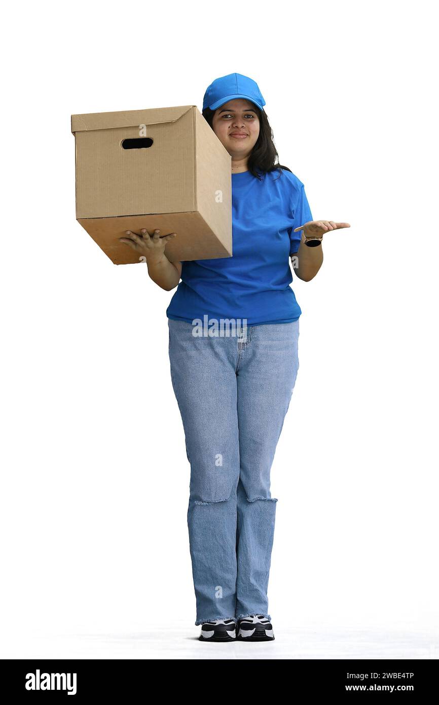 A delivery woman with a box, on a white background, in full height, put ...