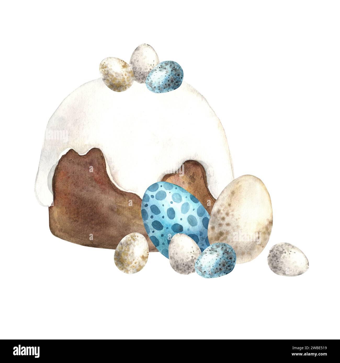 Watercolor Easter composition with Easter cake, white and blue eggs ...