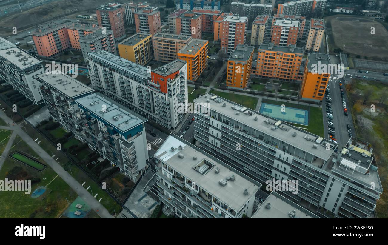 Aerial view Santa Giulia, Milan, Italy 3.01.2023 residential area on ...