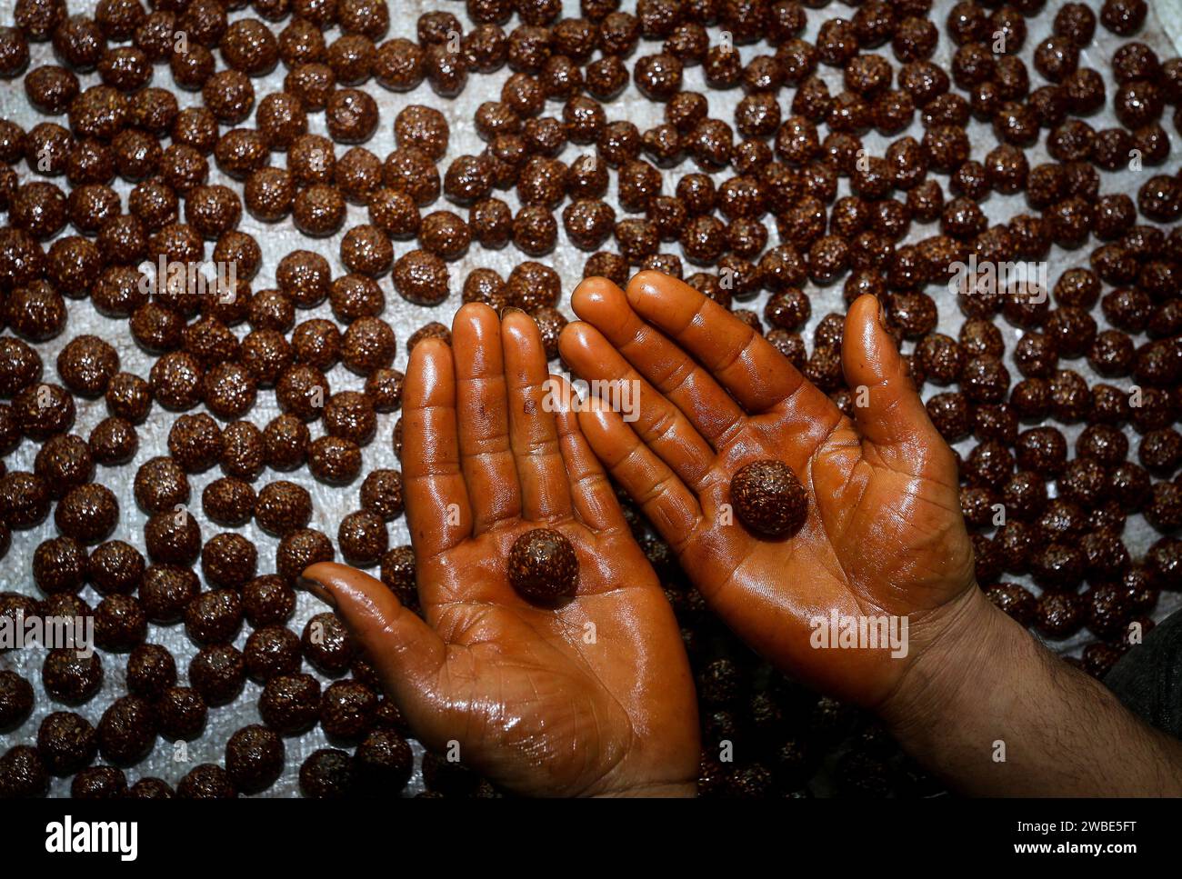 Kathmandu, Bagmati, Nepal. 10th Jan, 2024. A man prepares Tilaura, a ...