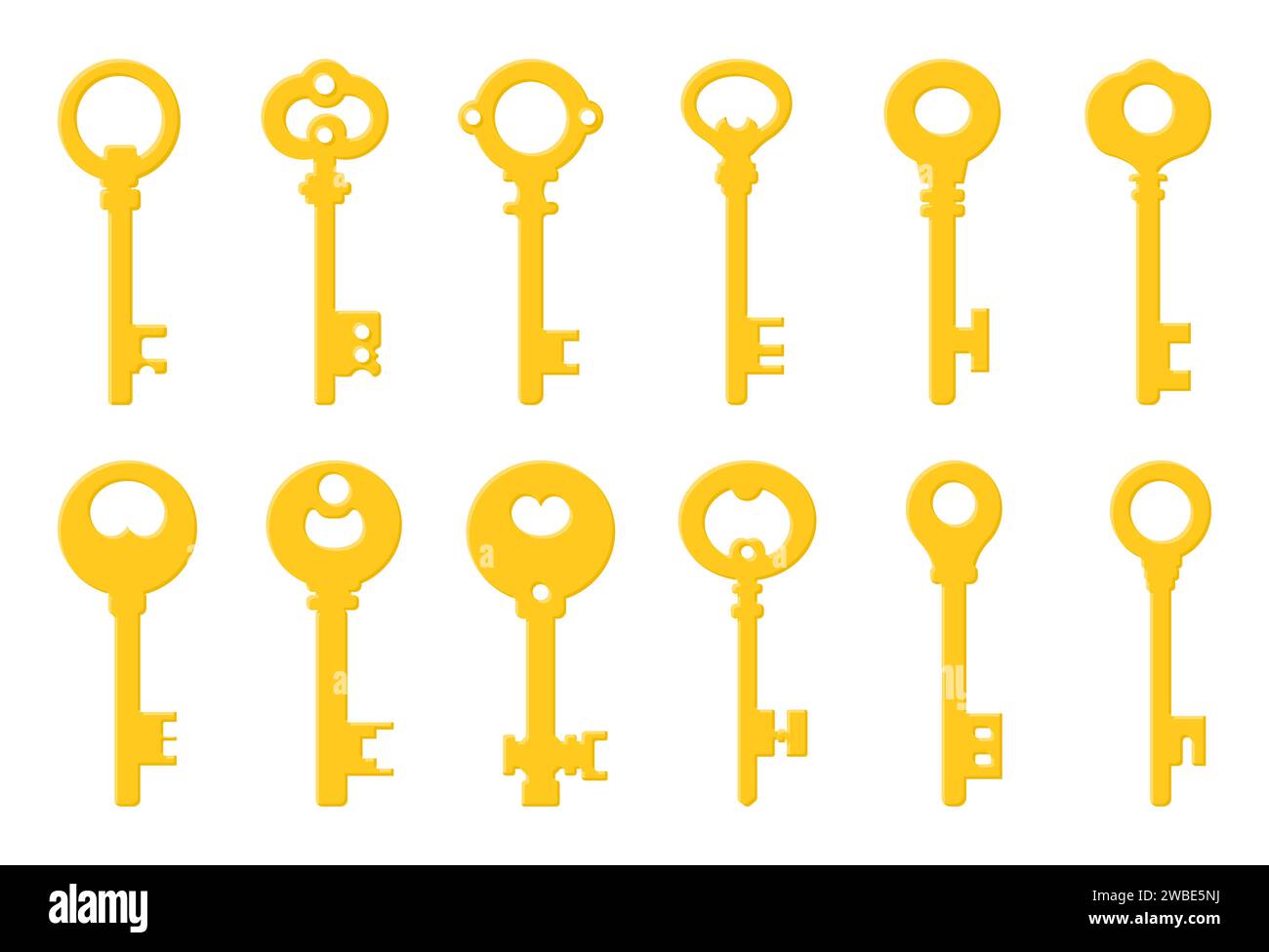Golden keys set isolated on white background. Cartoon style. Vector ...