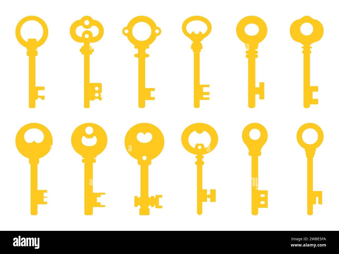 Yellow keys set isolated on white background. Cartoon style. Vector ...