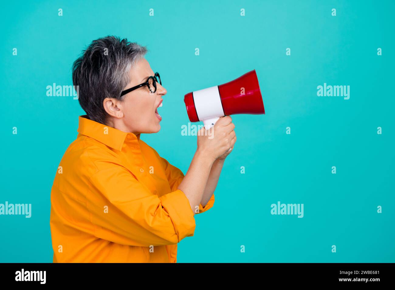 Side profile photo of aggressive business woman screaming bossy holding ...