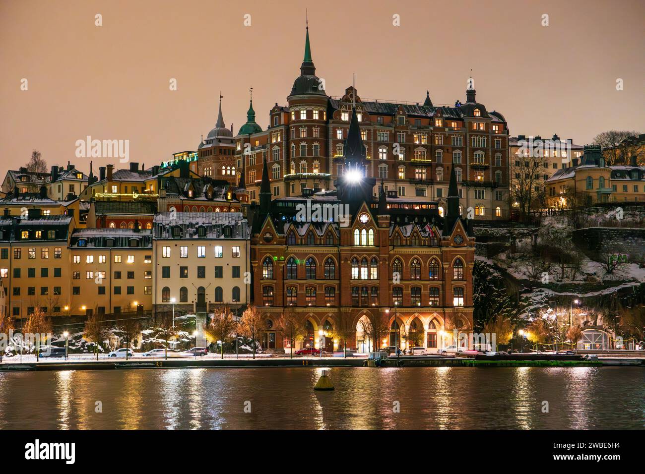 Stockholm, district of Sodermalm at night in winter with snow on the ...