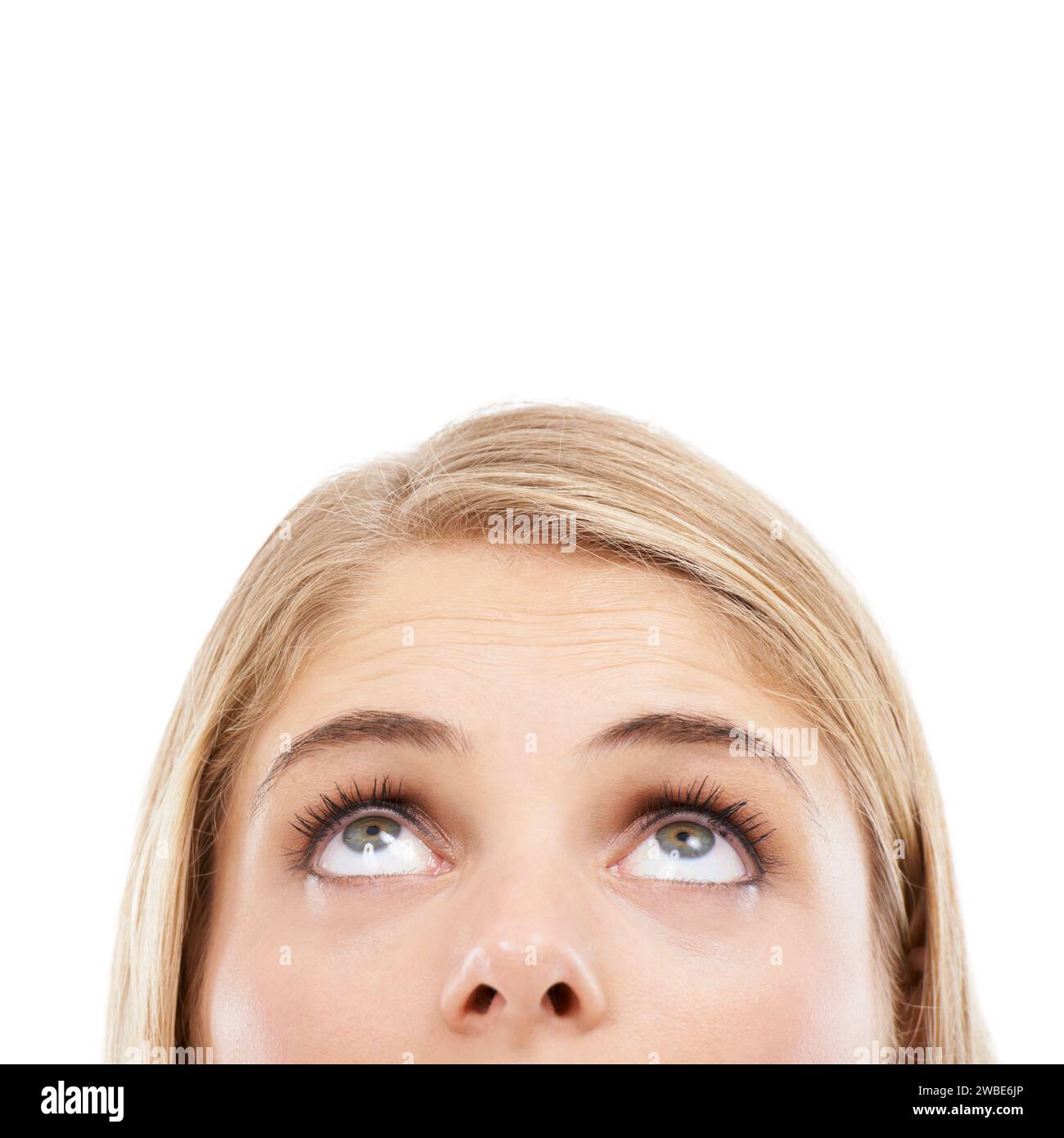 Thinking, eyes and woman in studio looking up at mockup for ...