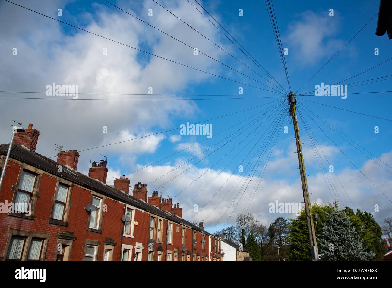 Telegraph pole with telephone wires, Ribchester, Lancashire, UK Stock ...