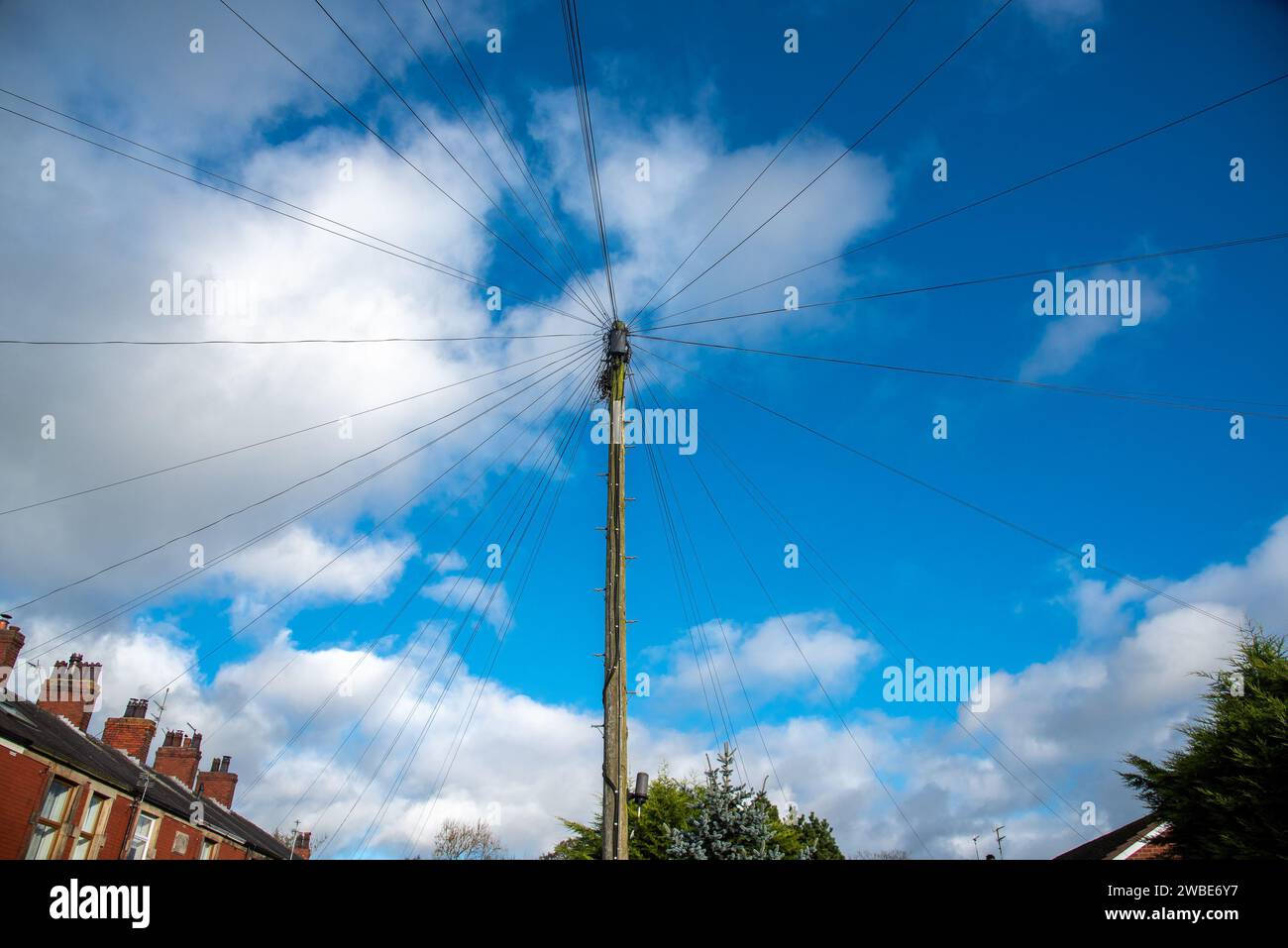 Telegraph pole with telephone wires, Ribchester, Lancashire, UK Stock ...